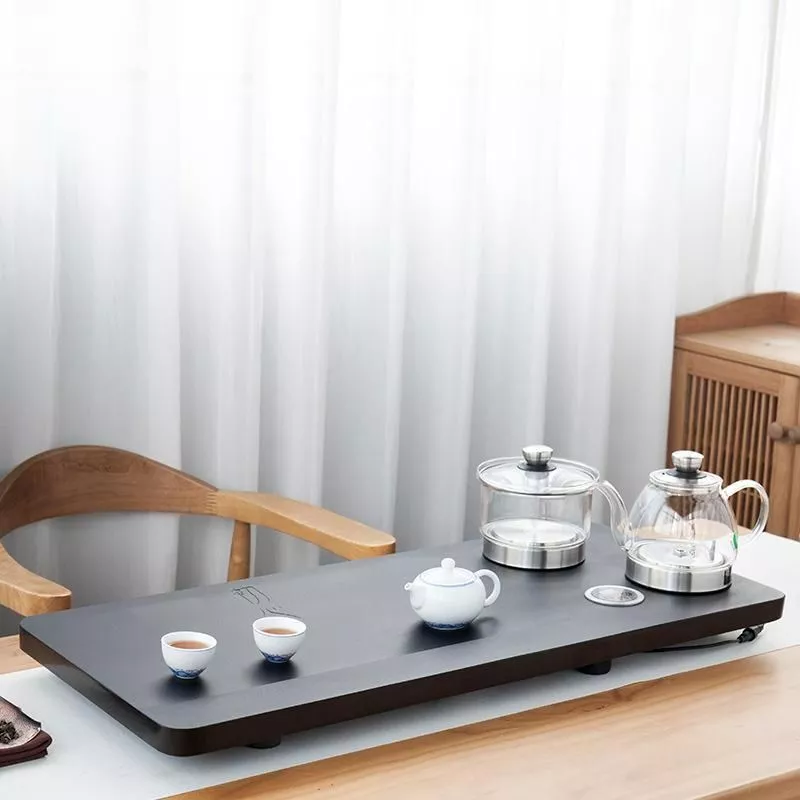 Elegant Black Stone Tea Tray Set with Glass Electric Kettle and Serving ...